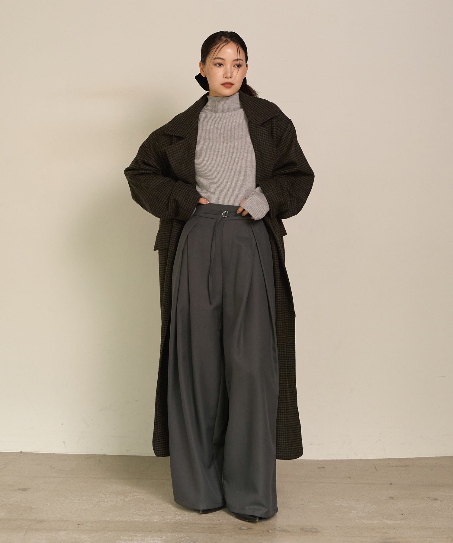 [SET]Double Chester Check Coat+Smooth Soft H/N Top+Wrap Belt Wide Slac ...